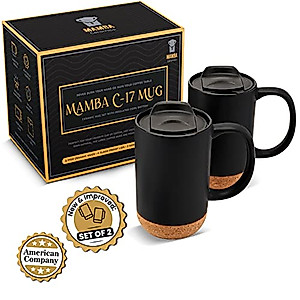Cork Base Ceramic Mug with Lid (Set of 2) - 17 oz. Oversized Coffee Mugs Set with Removable Insulated Cork Bottom & Spillproof Lids - Great for Tea & Hot Cocoa - Wash in Dishwasher - BLACK