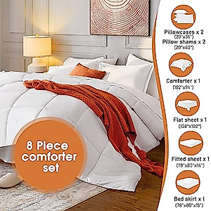 Ihanherry White King Comforter Set 8 Pieces, All Season Bed in a Bag, Comfortable King Bedding Sets with 1 Bed Skirt, 1 Fitted Sheet, 1 Flat Sheet, 1 Comforter, 2 Pillowcases, 2 Pillow Shams