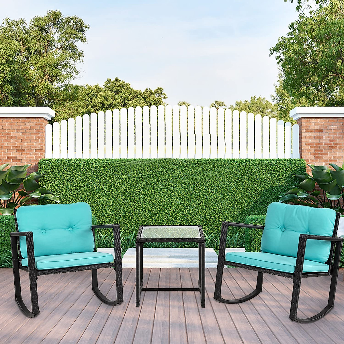 PayLessHere Outdoor Conversation Sets Rattan Furniture Wicker Rocking Chairs with Blue Cushions and Glass Coffee Table for Balcony Poolside Garden Patio Porch Backyard