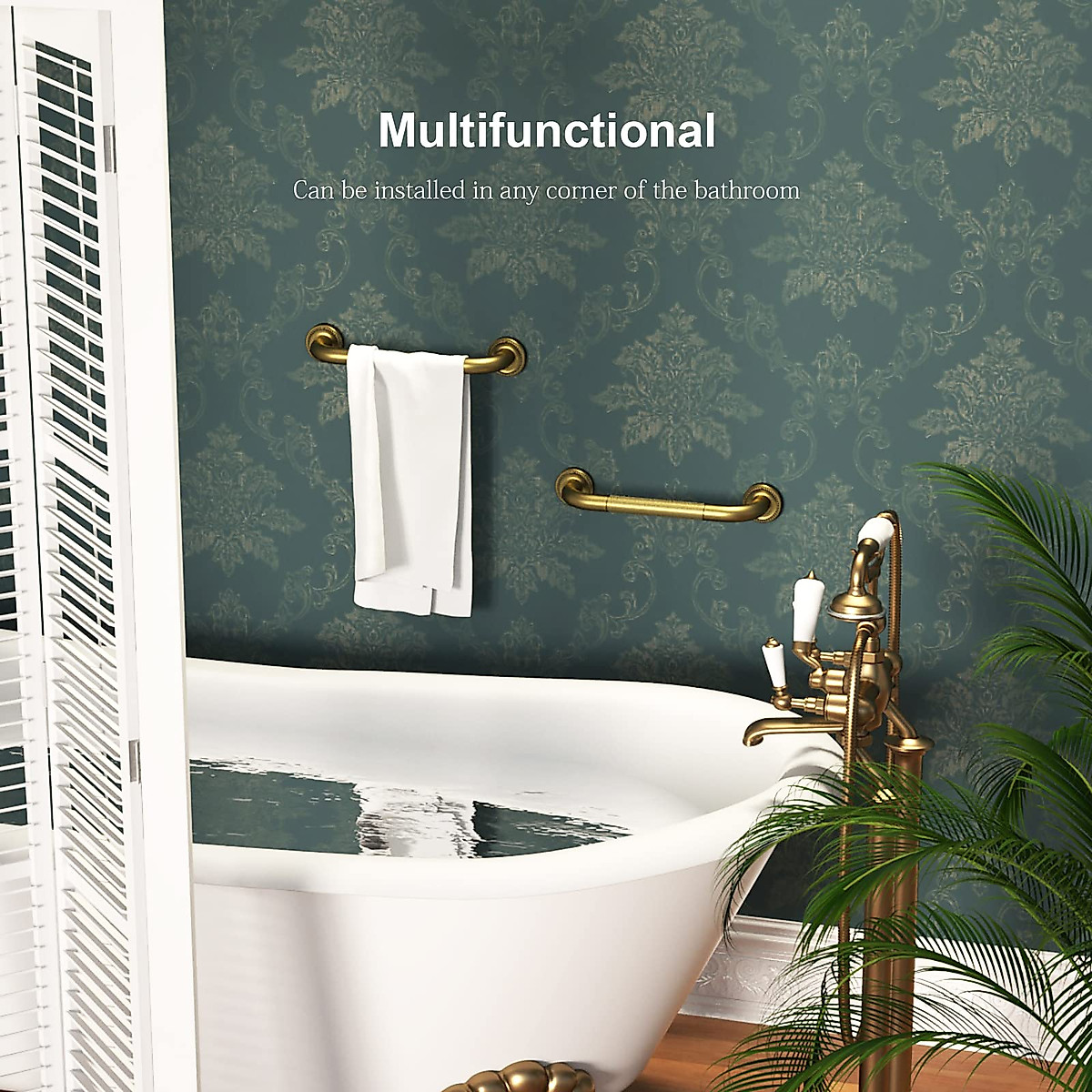 12 Inch Anti Slip Bronze Shower Grab Bar Polished Gold,ZUEXT Antique Brass Bathroom Grab Bar, Knurled Bathroom Balance Bar,Safety Hand Rail Support,Handicap Elderly Injury Senior Assist Bath Handle