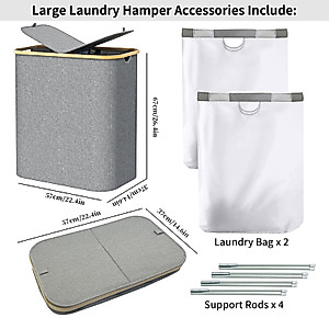 Werduoland 140L Double Laundry Hamper with Lid Divided Laundry Hamper Large Laundry Basket 2 Section Laundry Hamper with Removable Bag Dual Hampers for Laundry Double Sided Hamper for Bathroom (Grey)