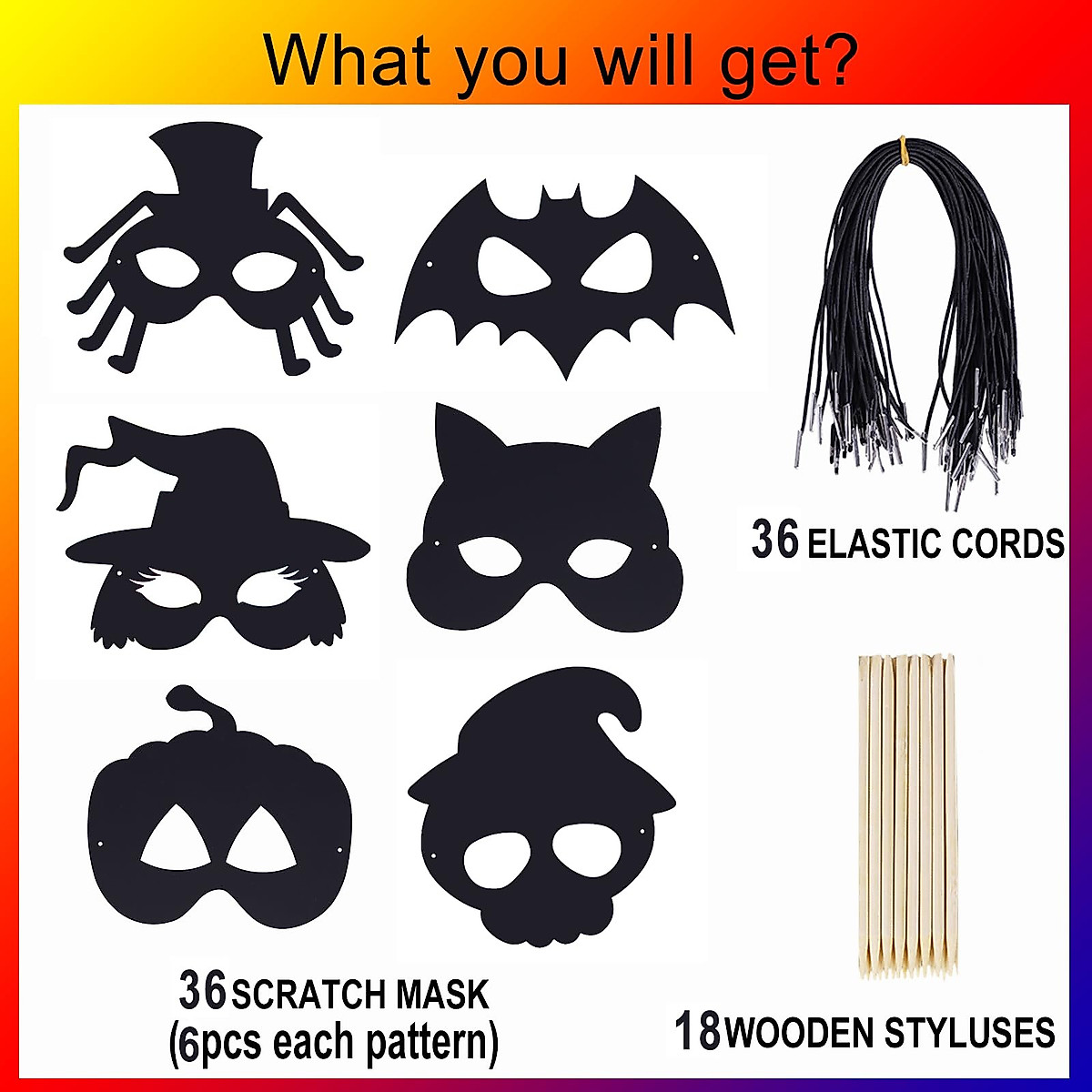 Max Fun 36PCS Halloween Rainbow Scratch Mask, Art Craft Kit for Kids Birthday Cosplay Classroom Decoration, Magic Scratch Paper Halloween Party Favor Supplies Bat Witch Pumpkin Zombie Pirate Skull