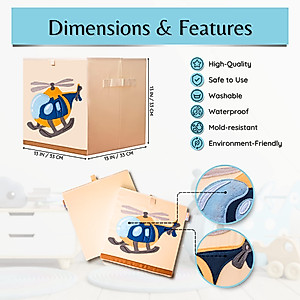 Product 4 Kids - Washable Toy Box Storage Cube, Canvas Toy Chest Organizer Foldable Kids Toy Storage Organizers for Child's Bedroom or Playroom -13x13x13 Inch (Excavator+ Helicopter)