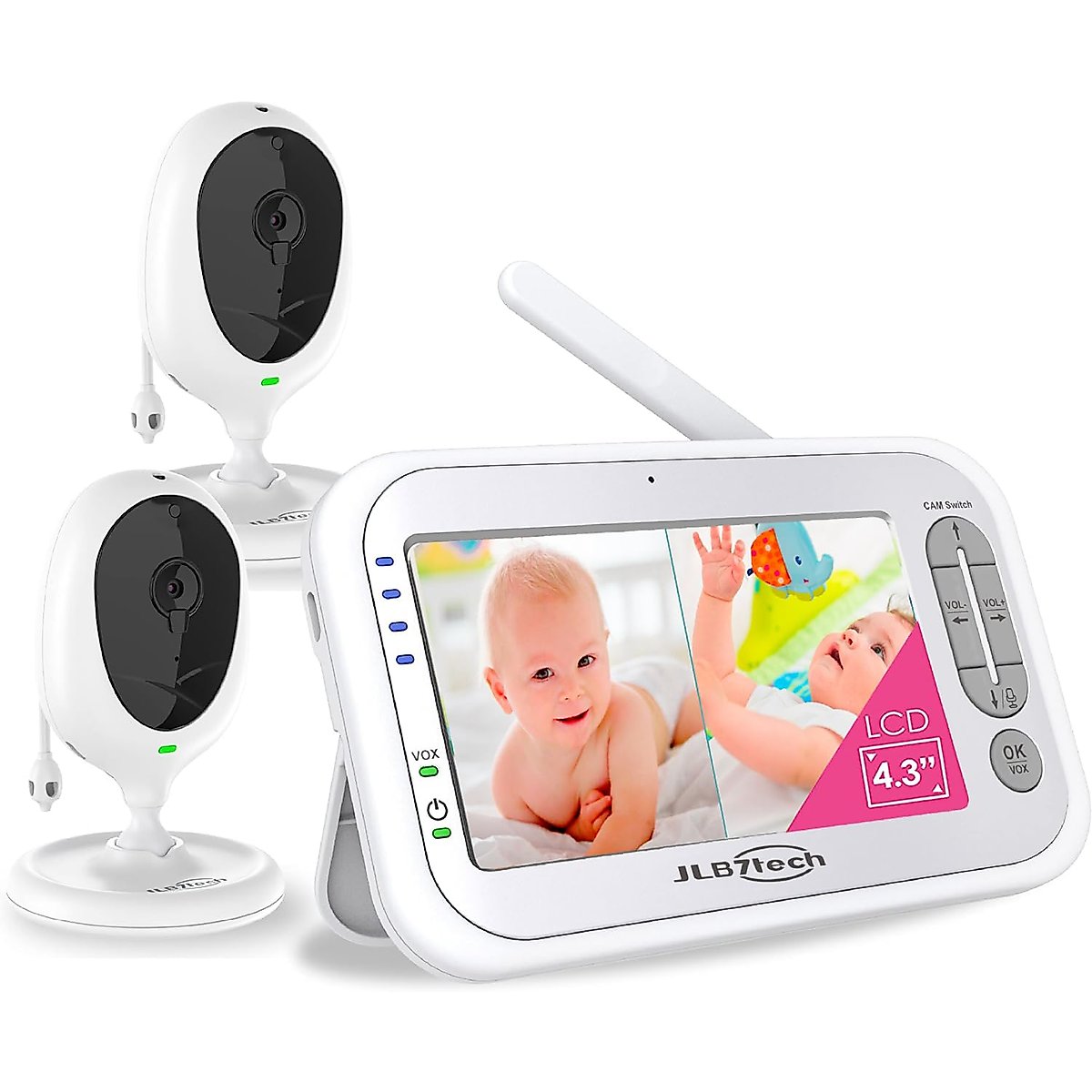 JLB7tech Split-Screen Video Baby Monitor with 2 Cameras and 4.3" LCD,Auto Night Vision,Two-Way Talkback,Temperature Detection,Power Saving/Vox,Zoom in,3000mAh Battery