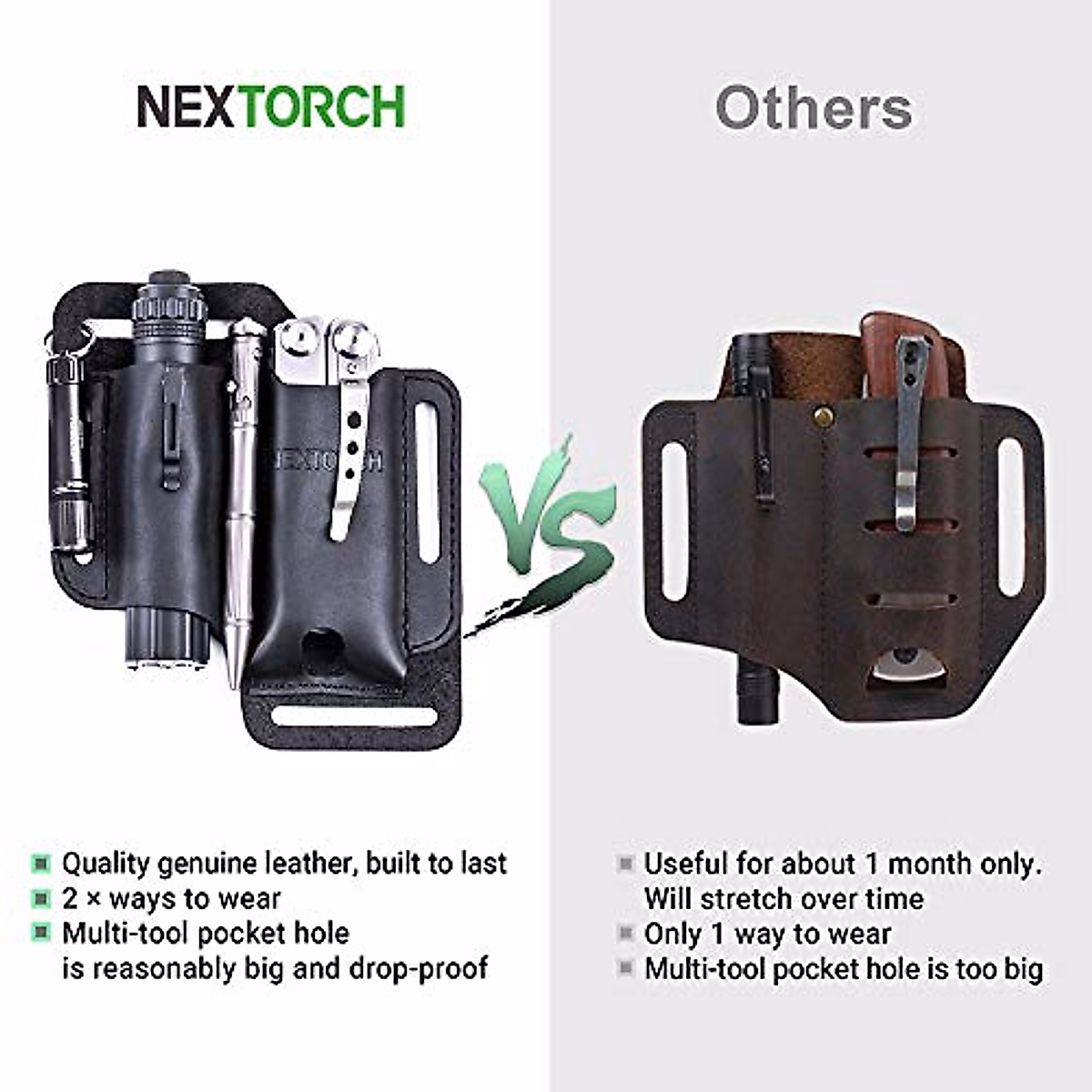 NEXTORCH EDC Leather Sheath, Multitools Sheath,Knife Belt Sheath/Leather Flashlight Holster/EDC Pocket Organizer Sheath for men, FLashlight Sheath for Knives/Flashlights/Tactical Pens/Tools