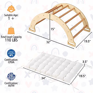 HONEY JOY Wooden Ladder Arch for Climbing, 3-in-1 Kids Climber Ladder & Rocker Board w/Cushion Pad, Triangle Climber for Playground, Gym & Daycare, Climbing Toy for Toddlers Boys Girls (Natural)