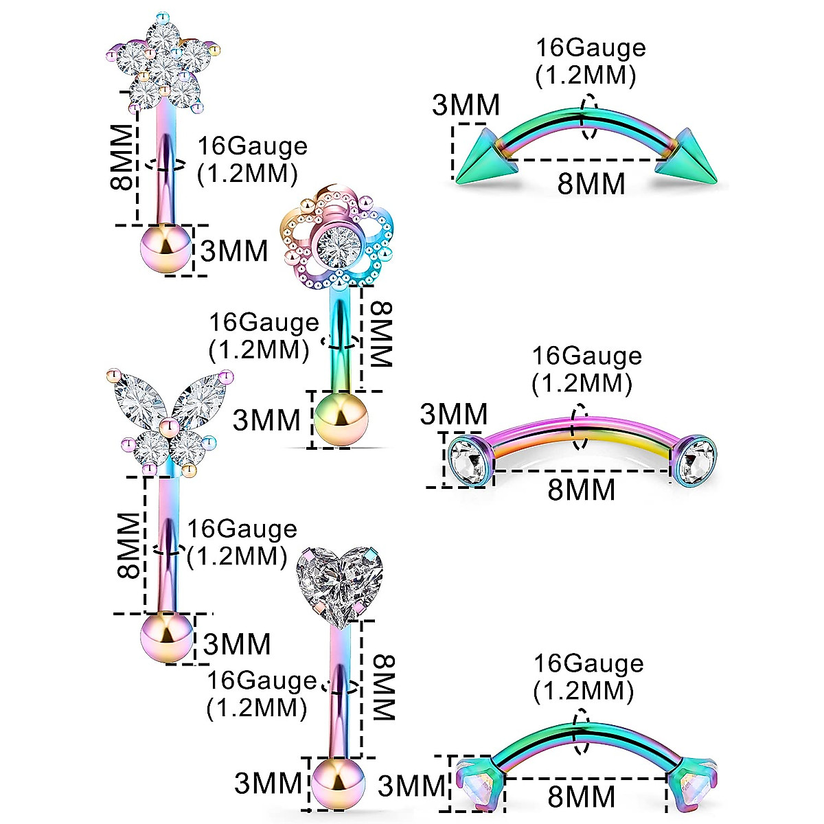 12Pcs 16G Rook Piercing Jewerlry Surgical Steel Eyebrow Piercing Jewelry Flower Crystal Heart CZ Moon Shape Eyebrow Rings Snake Eyes Rook Earrings for Women Men Tongue Retainer,Purple curved Barbell