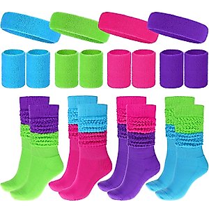 Patelai 4 Sets Sweatbands Set with Neon Slouch Socks Colorful Athletic Sweat Bands Sports Headband Wristbands Thick Scrunchie Socks for Basketball Tennis Gym Workout (Bright Colors)