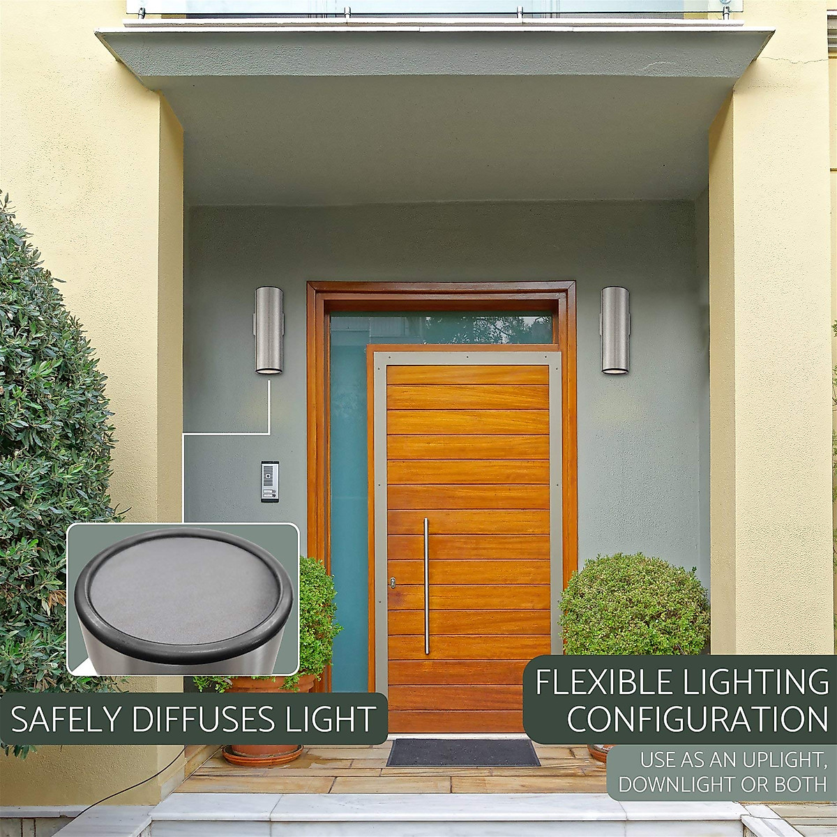 Kira Home Enzo 15" 2-Light Modern Industrial Outdoor Porch Light, Waterproof Metal Cylinder Wall Sconce, for Courtyard, Entryway, Garage, Indoor/Outdoor Use, Brushed Nickel Finish