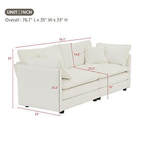VEPXXP 76.7" Luxury Loveseat Sofa Couch, Deep Sectional Sofa Cloud Couch with 2 Armrest Pillows, Chenille Comfy Love Seat Sofa for Living Room, Apartment, Studio, Office,White