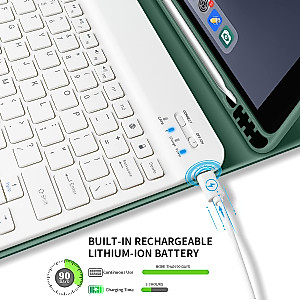 Keyboard Case for iPad 9th/8th/7th Generation 10.2 Inch 2021/2020/2019, Soft TPU Back Stand Cover Smart Case with Pencil Holder, Magnetically Detachable Wireless Bluetooth Keyboard, Dark Green