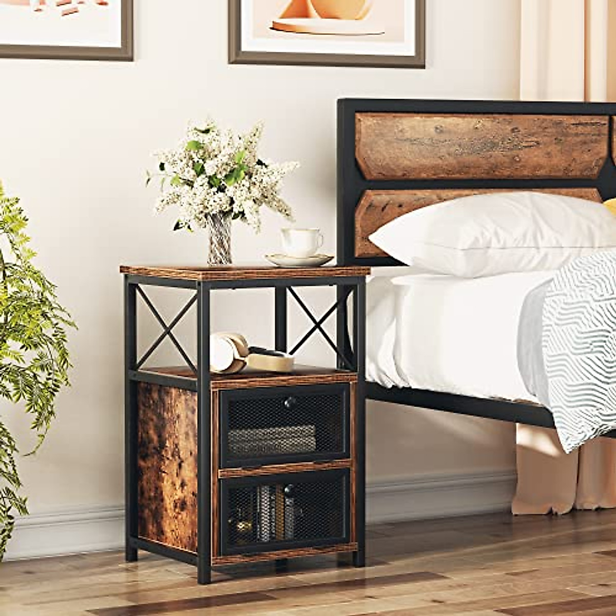 VECELO Modern Night Stand, End Side Table with Storage Space and Door, Nightstands with Flip Drawers for Living Room,Bedroom,Lounge,Set of 2, Brown