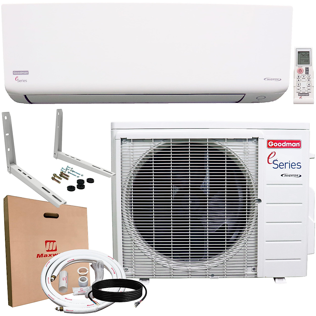 Goodman 18,000 BTU 18 SEER2 Ductless Mini Split Inverter Heat Pump System with Maxwell 15-ft Installation Kit and Wall Mounting Bracket (230v)