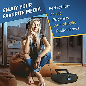 KLIM Boombox B4 CD Player Portable Audio System + AM/FM Radio with CD Player, MP3, Bluetooth, AUX, USB + Wired & Wireless Mode, Rechargeable Battery + Remote Control, Autosleep, Digital EQ + New