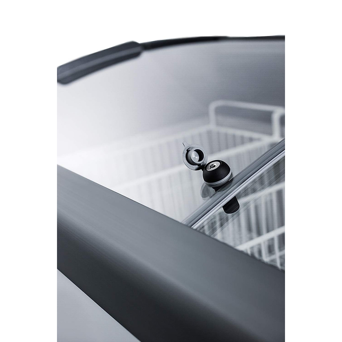 Summit FOCUS171 Top Display Commercial Freezer with 17.1 cu. ft. Capacity Digital Thermostat Sliding Glass Lid Manual Defrost Casters Hammered Aluminum Interior in White