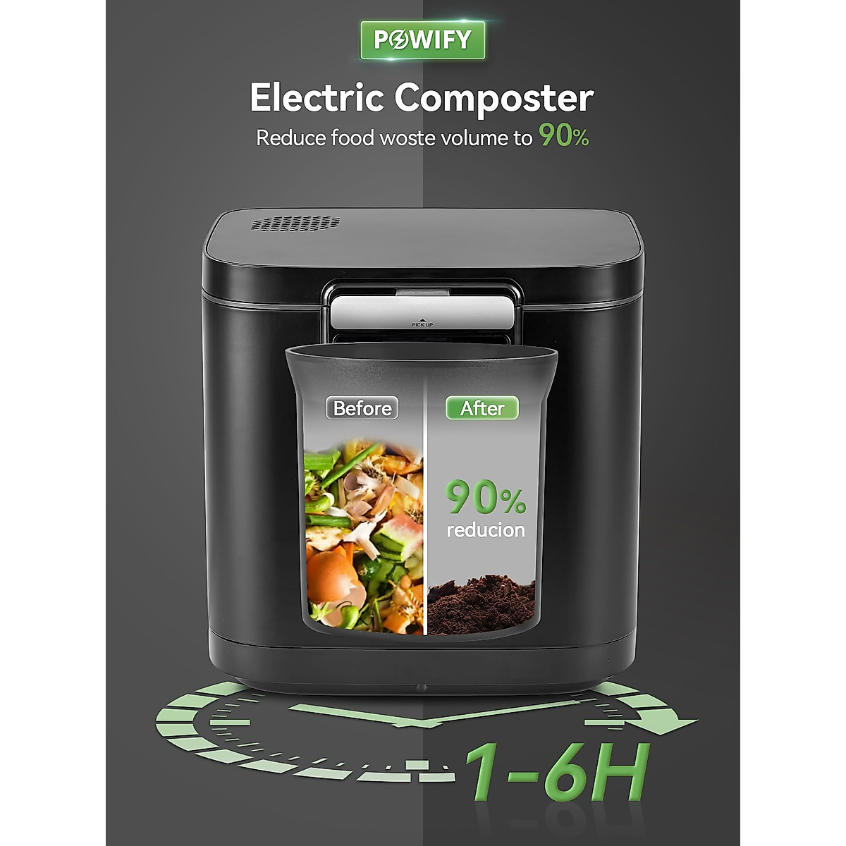 POWIFY Electric Compost Bin Kitchen 4L Capacity Composter Bins Outdoor Indoor with Tri-Blade, Smart Waste Dispenser Countertop Compost Machine with Lid Auto-Cleaning Cycle Odorless