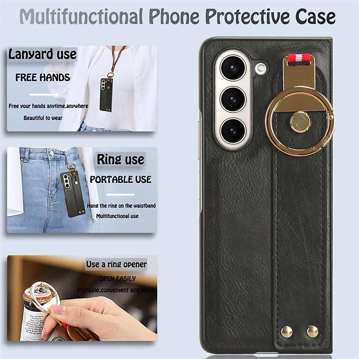 lefeda Leather Case for Samsung Galaxy Z Fold 5, Slim Case with Ring and Neck Lanyard Soft Anti-Scratch Microfiber Lining,Green