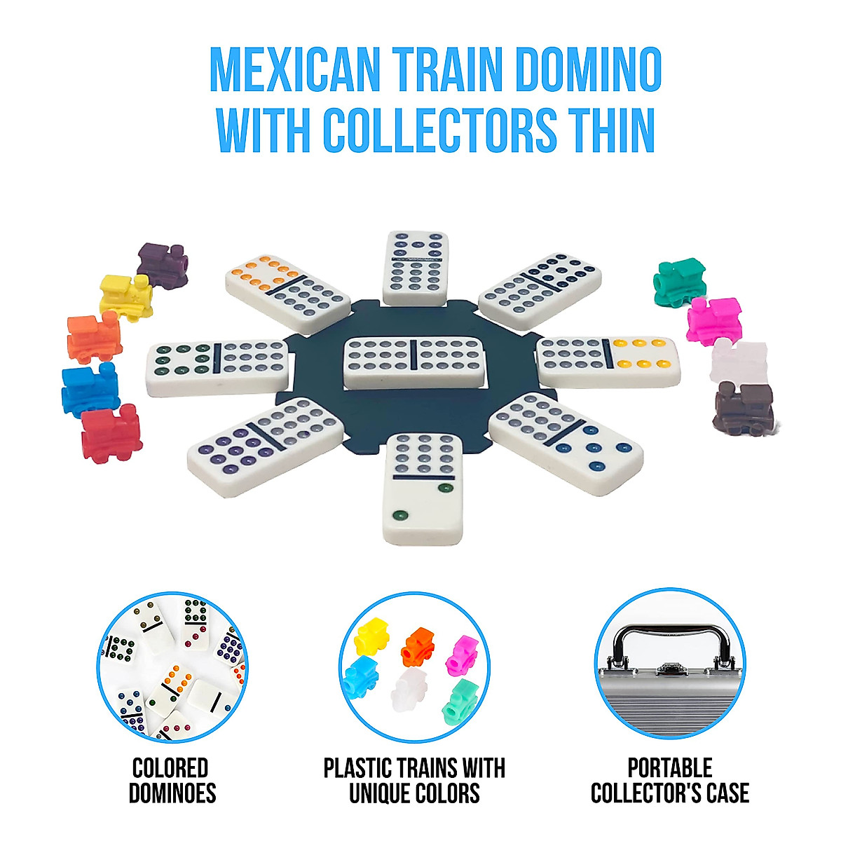 Regal Games - Double 12 Mexican Train Dominoes - Colored Dots Set - Fun Family-Friendly Dominoes Game - Includes 91 Tiles, Collector's Case & Plastic Hub w 9 Plastic Trains - Ideal for 2-8 Players