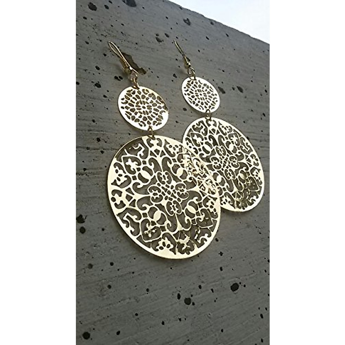 IDB Delicate Filigree Dangle Double Circle Drop Hook Earrings - Approx 3 1/4 inches (3.25" / 8.2 cm) Length x 1 13/16 inches (1.81" / 4.6cm) - (Gold Tone)