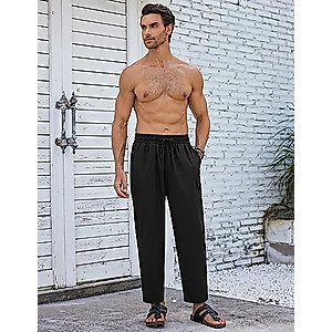 COOFANDY Mens Linen Pants Lightweight Casual Trousers Elastic Waist Yoga Beach Hippie Summer Pants Black