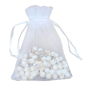 Awtilife 30 Pc San Joaquin Creations Ivory Color and 30 Organza Gift Bags Baptism Favors with Angels Mini Rosaries Gold Plated for Christening Favors Baby Shower