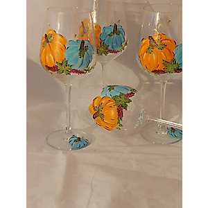 Hand painted autumn pumpkins goblets. set of 4 20 ounce white wine gobblets. usa