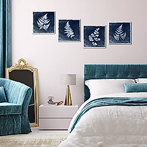 HOMEOART Navy Blue Plant Pictures Wall Art Bathroom Decor Fern Painting Canvas Prints Botanical Wall Art Framed Living Room Kitchen Dining Room Decor 12 x 12 Inch x 4 Panels