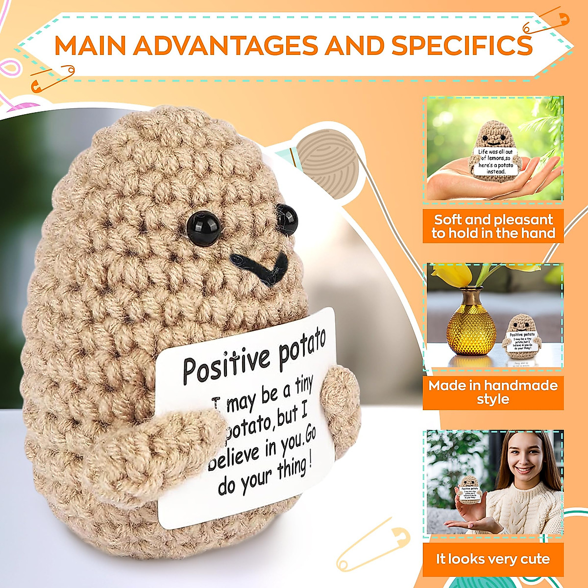 Crochet Positive Potato - Emotional Support Potato Positive Crochet New Years Gifts Small Potatoes Emotional Support Plush Crochet Potato Positive Tiny Potato Toy - Positive Potato Crochet Gifts