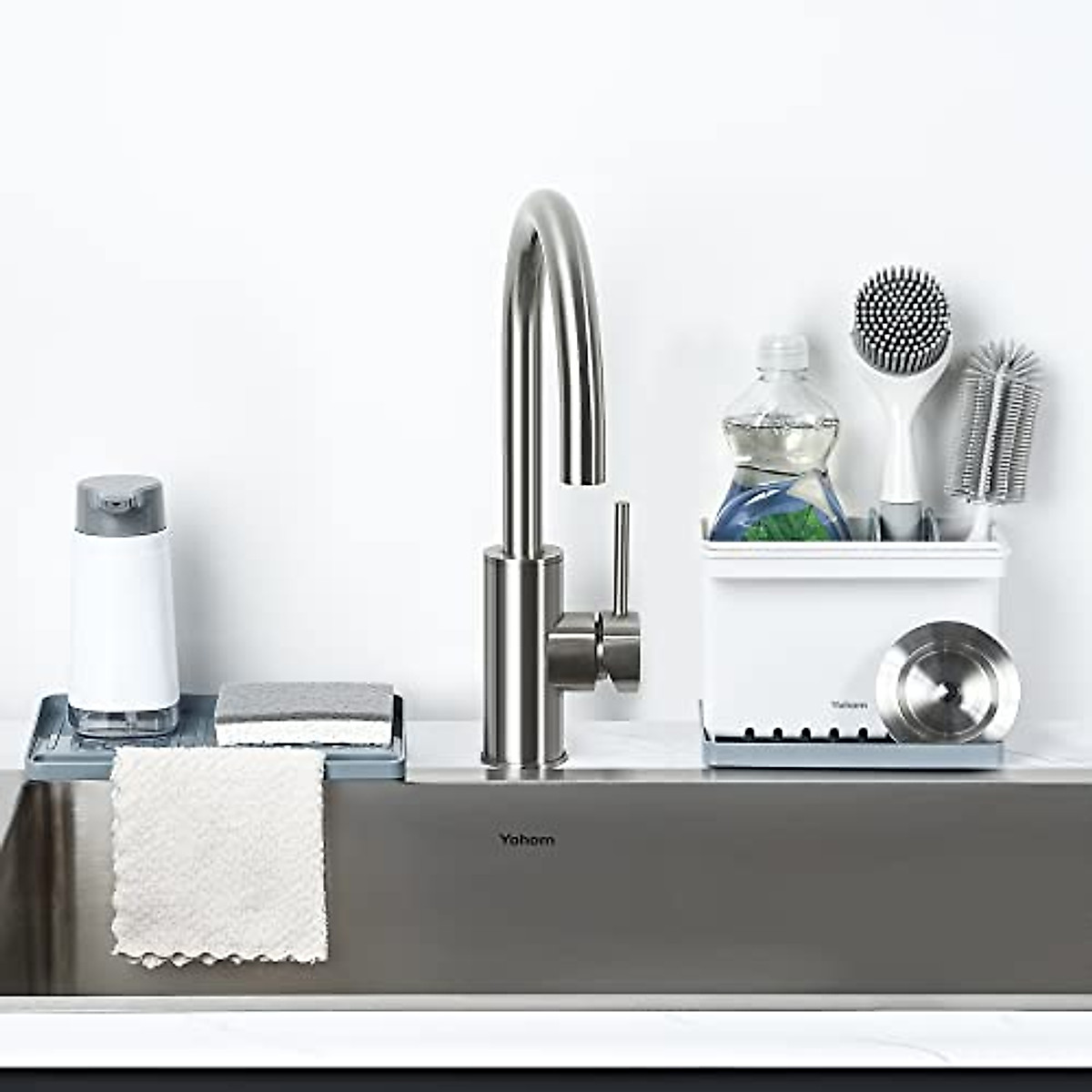 YOHOM Dish Brush Holder for Kitchen Sink Sponge Caddy Countertop Organizer Plastic Scrub Brush Holder with Dividers