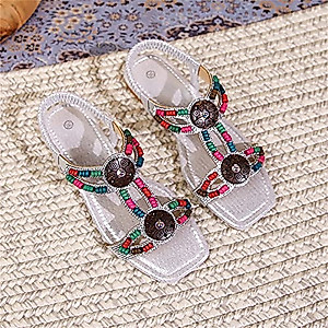 Women's Bohemia Rhinestone Flat Sandals Open Toe Elastic Ankle Casual Shoes Summer Beach Comfortable Slides (Silver, 8.5)