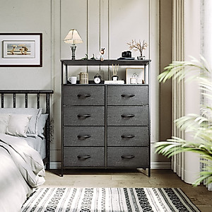 YITAHOME 8-Drawer Fabric Dresser with Shelves, Furniture Storage Tower Cabinet, Organizer for Bedroom, Living Room, Hallway, Closet, Sturdy Steel Frame, Wooden Top, Easy Pull Fabric Bins(Black Grey)