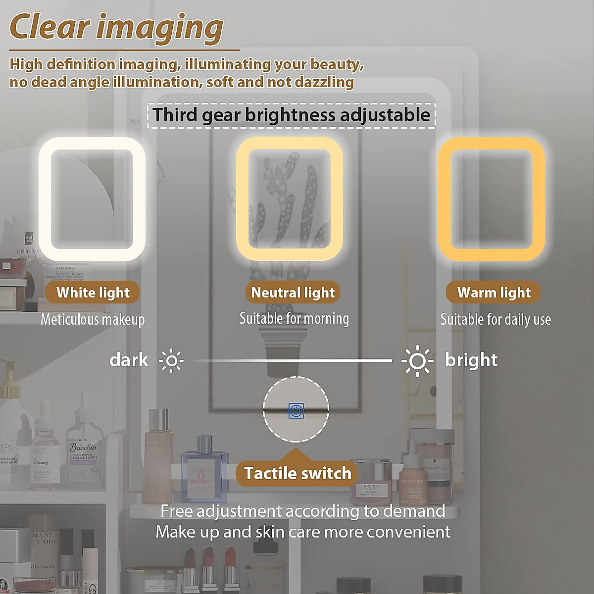 FUFU&GAGA Vanity Set with Rectangular Mirror, Makeup Vanity Dressing Table with 5 Drawers, Shelves, Dresser Desk and Cushioned Stool Set (B White/Lighted Mirror)