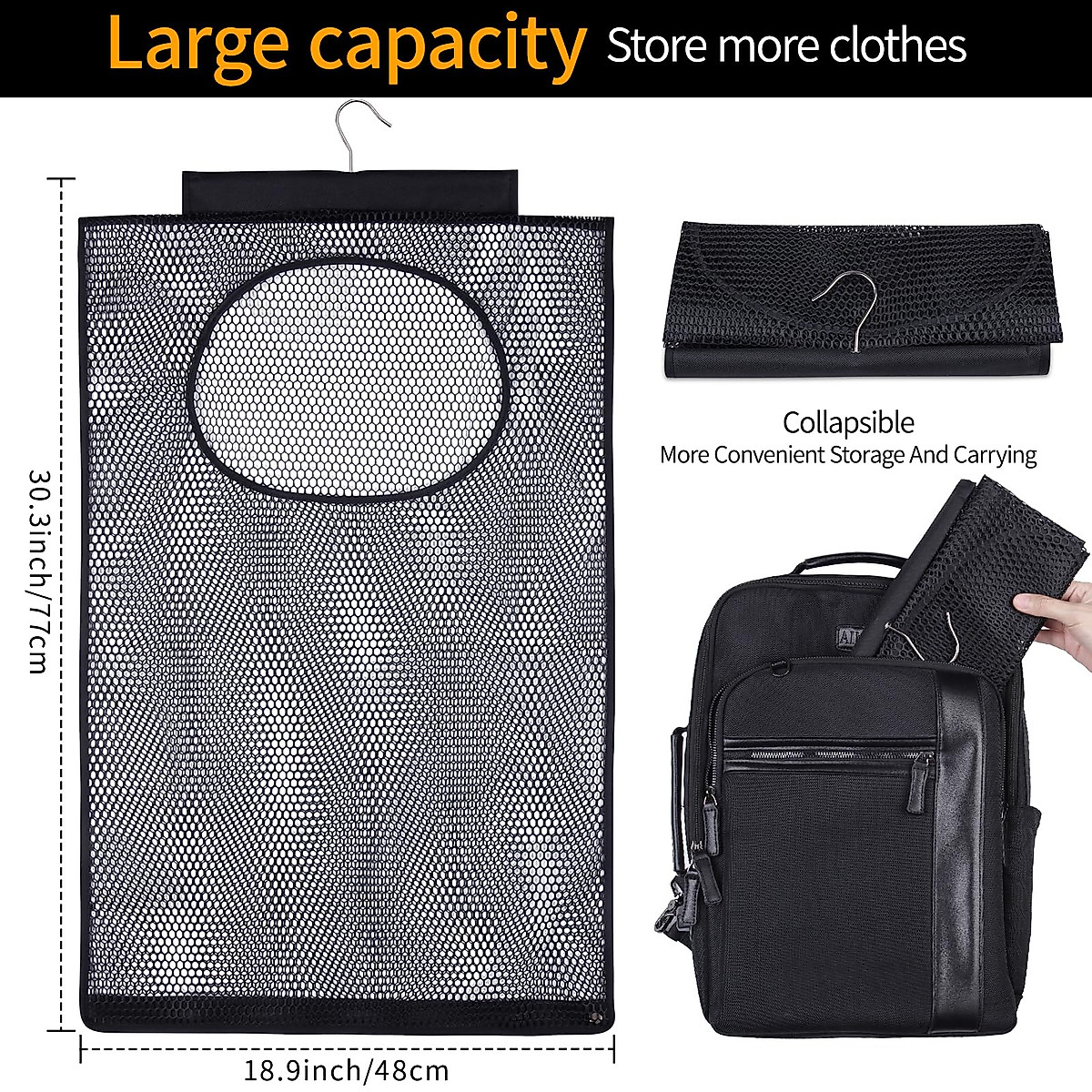 GUMQDD Breathable Mesh Laundry Hamper, Bringing Hooks Foldable Hanging Shower Caddy, Fast Drying Portable Space Saving Storage Bag, Applied to College Dorm Rooms, Gym, Swimming and RV Travel (Black)