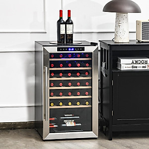KOTEK 33 Bottle Wine Fridge, Freestanding or Under Counter Wine Cellar w/Wooden Removable Shelves for Red, White & Champagne, 41-64.5°F Digital Temperature Control, Wine Cooler Refrigerator for Home