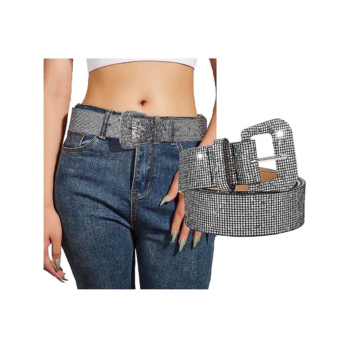 Yalice Shiny Sequins Belt Rhinestone Leather Sash Belt Women Bling Skinny Belts for Dress Studded Waist Belt for Jeans Pant (Antique Silver)