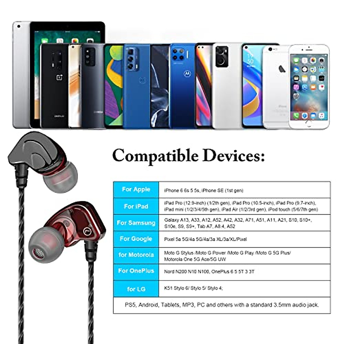 JAKPAK 3.5mm Earphone for Samsung A13 A12 A32 Wired Sport Earphones with Mic Volume Control Noise Canceling Deep Bass Stereo Sound Earbuds for Samsung A03s A02S S10 S9, Moto G Stylus,G Pure,One 5G Ace