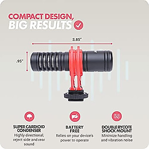 Movo VXR10-PRO External Video Microphone for Camera with Rycote Lyre Shock Mount - Compact Shotgun Mic Compatible with DSLR Cameras and iPhone, Android Smartphones - Battery-Free Camera Microphone