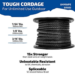 emma kites 100% UHMWPE Braided Cord Heavy Duty Abrasion Resist. Low Stretch Utility Cord for Kites Surfing Whoopie Rigging Spearfishing Kayak Survival Repair, Black 1/8"(Dia.) 2200Lb 50Ft Spool