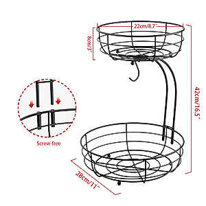 Votono 2-Tier Metal Fruit Basket Detachable with Banana Hanger Fruit Storage Basket for Kitchen, Dining Table, Black