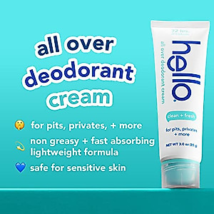 hello All Over Clean & Fresh Deodorant Cream, Aluminum Free Deodorant Cream for Pits, Privates + More, Offers 72 Hours of Freshness, Safe for Sensitive Skin, Vegan, 1 Pack, 3 Oz Tube