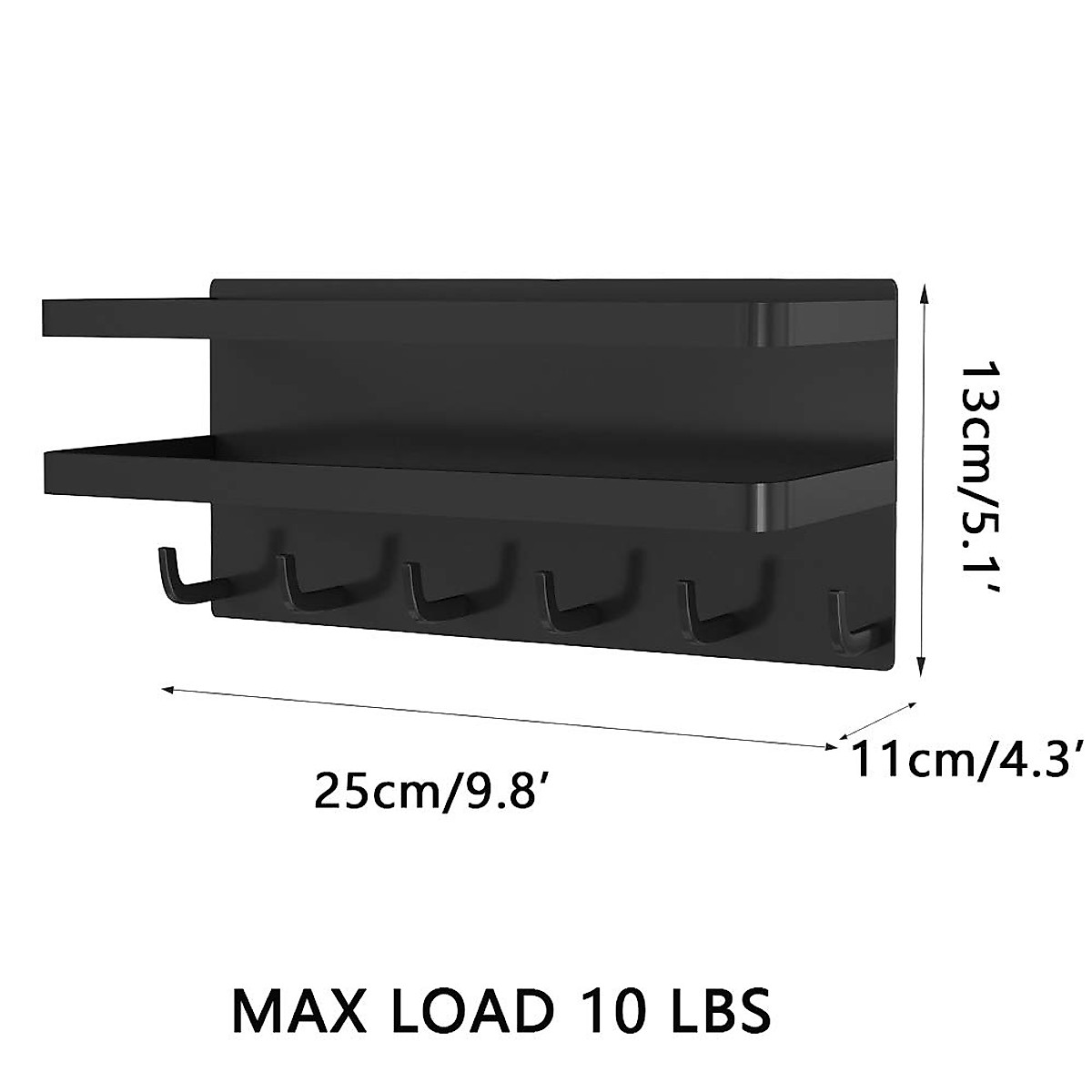 YJSMO 6 Hooks Magnetic Key Holder,Magnetic Key Racks with Tray,Magnetic Key Hooks,Magnetic Shelf for Keys,Letters, Coat Hooks,Used in Kitchen or Office,Made of Steel (Black, Medium)