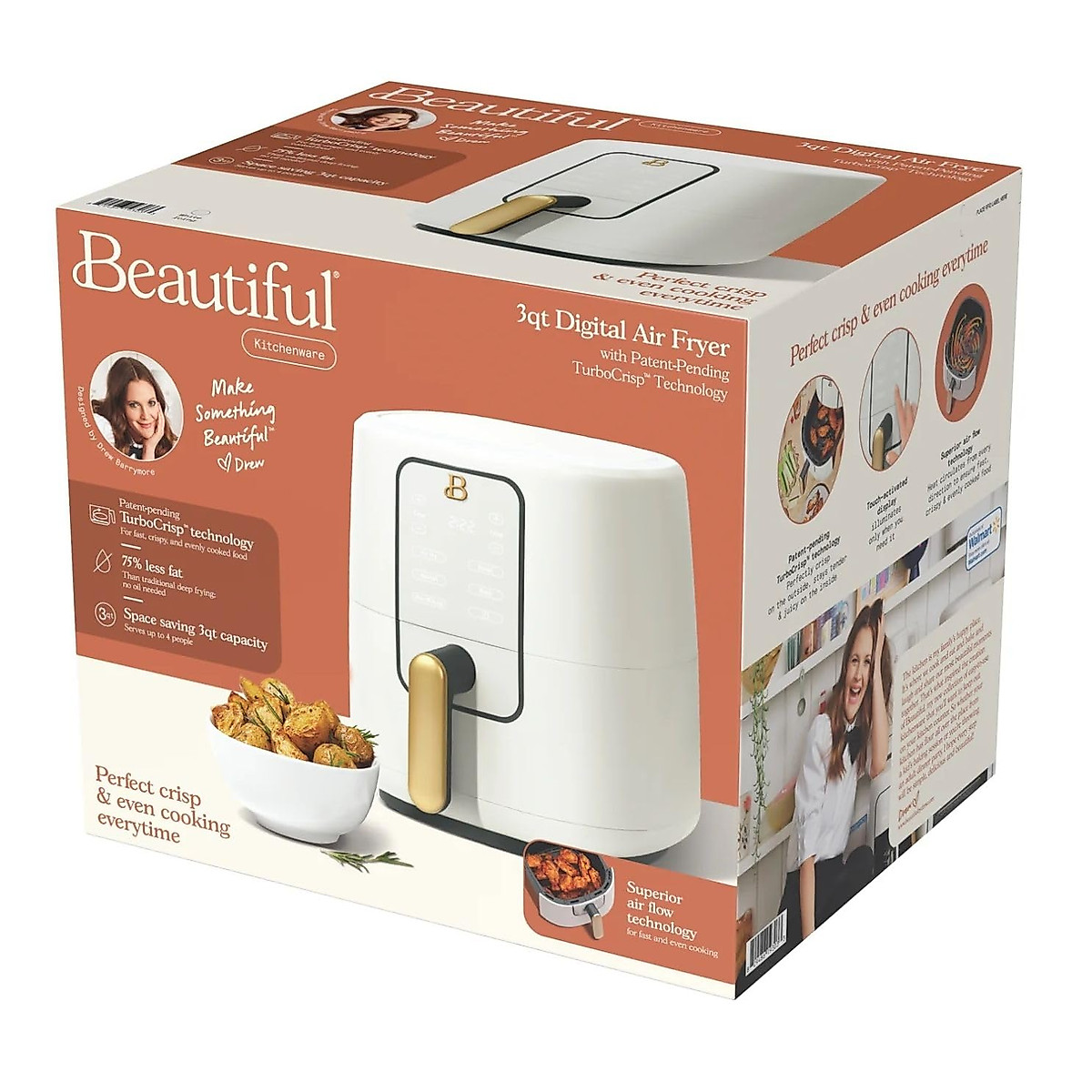 Beautiful Drew Barrymore 3-Quart Digital Air Fryer, TurboCrisp Technology, 4 Presets, 170°F-400°F, Non-Stick, Dishwasher Safe, 1200 Watt. (White Icing)