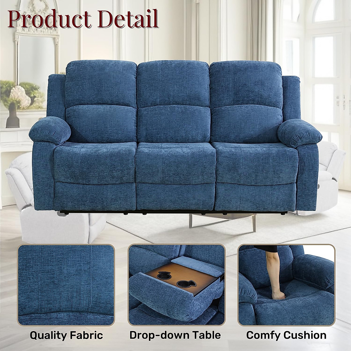 Caberryne Recliner Sofa for Living Room Furniture,Linen Fabric Blue Reclining Sofa 3 Seater Recliner Sofa Couch Reclining Sofa with Drop Down Table RV Sofa for Living Room(A-Linen Fabric Blue)
