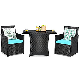 Tangkula 3 Pieces Patio Dining Set, Space-Saving PE Rattan Bistro Set with Tempered Glass Top Table and Cushioned Chairs, Outdoor Conversation Set for Garden Backyard Poolside Porch (Turquoise)