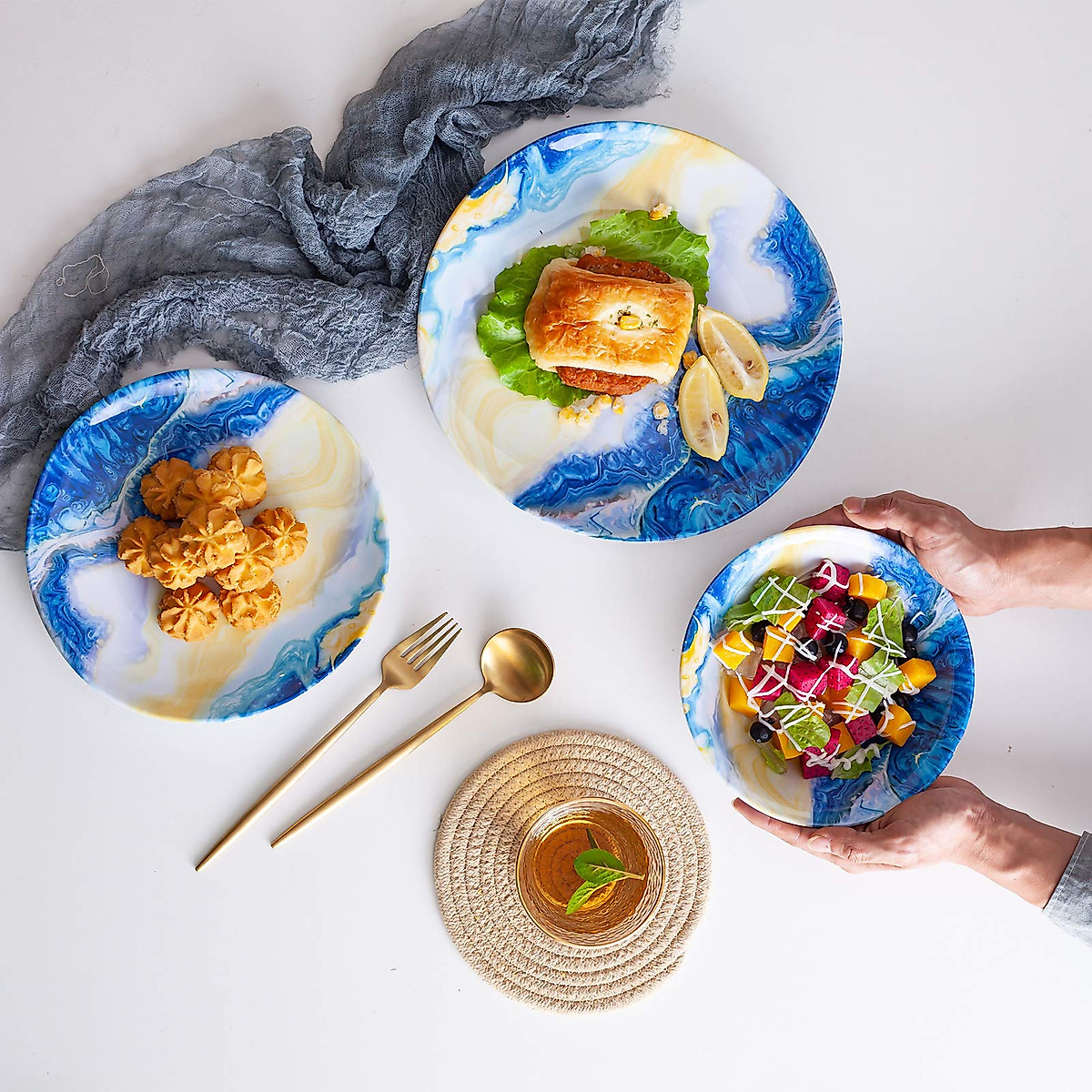 Topmela 12 Pcs Melamine Dinnerware Set - Indoor and Outdoor Durable Plastic Dishes Dishware，Melamine Dinner Plates and Bowls Sets Service for 4，Lightweight Unbreakable（Landscape Painting）