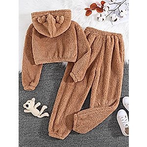 SOLY HUX Girl's Bear Ear Fuzzy Fluffy Drop Shoulder Hoodie Sweatshirt with Sweatpants Two Piece Outfit Pure Brown 10Y