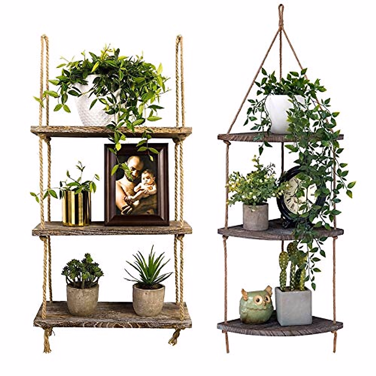 TIMEYARD Hanging Shelf Corner Wall Shelf, 3 Tier Distressed Wood Shelves with Jute Rope, Farmhouse Storage Organizer Rack Rustic Home Decor for Living Room Bedroom Bathroom Kitchen