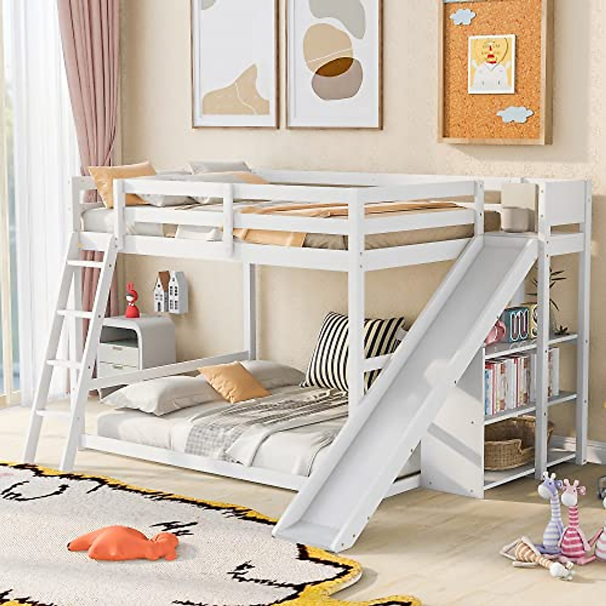 BOVZA Full Over Full Bunk Beds with Slide, Wood Floor Low Bunk Bed Frame with Storage Shelves and Ladder for Kids Boys Girls Teens, White