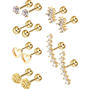 6 Pairs Stainless Steel Tragus Cartilage Earrings Labret Studs Barbell Lip Nose Body Stud Piercing for Men Women Ornament (Gold)