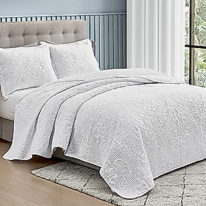 Hansleep White Quilt Queen Size - Damask Summer Bedspreads Queen, Soft Lightweight Coverlet Bedding Set, 3 Piece (1 Quilt, 2 Pillow Shams)